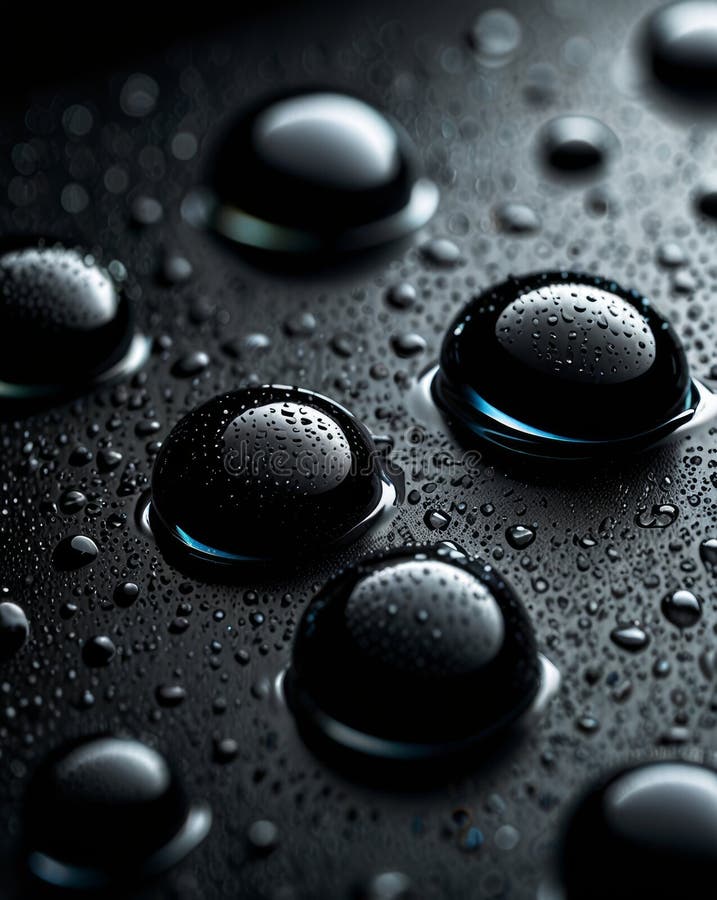 A Black Glass Surface with Water Drops on it, the Drops are Large and ...