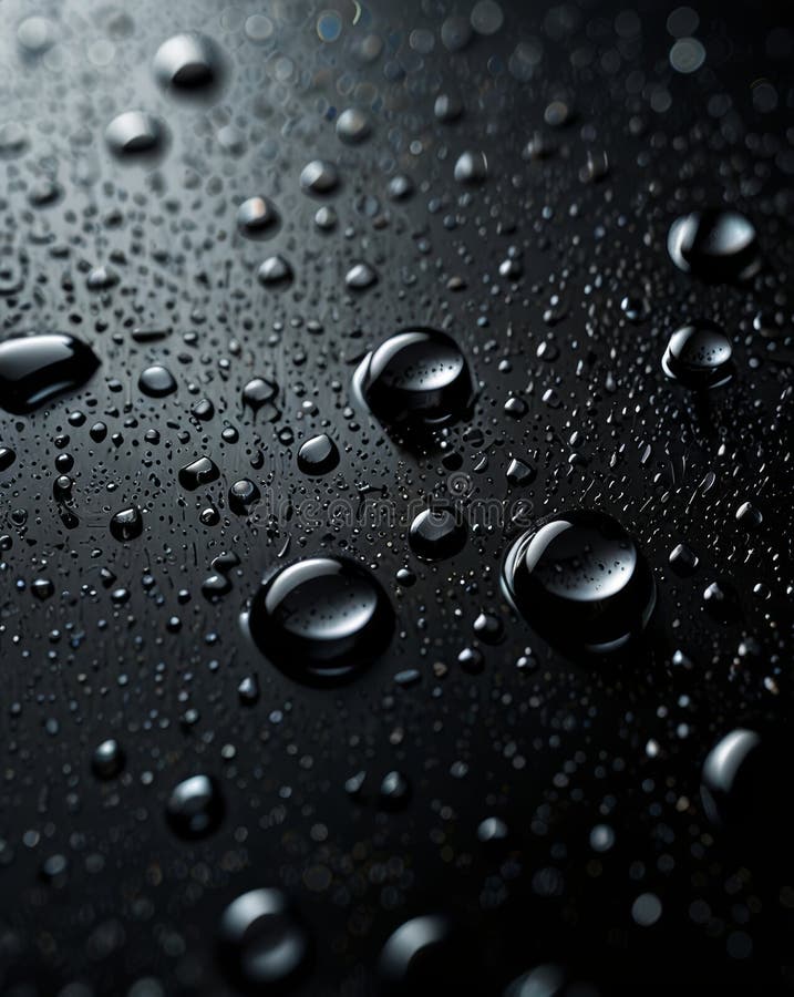 A Black Glass Surface with Water Drops on it, the Drops are Large and ...