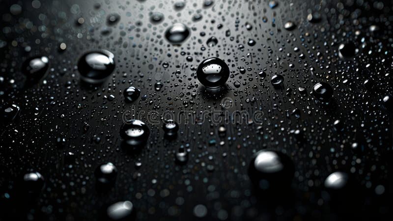 A Black Glass Surface with Water Drops on it, the Drops are Large and ...