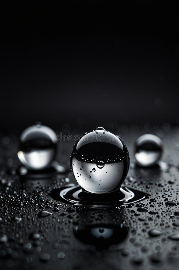 A Black Glass Surface with Water Drops on it, the Drops are Large and ...