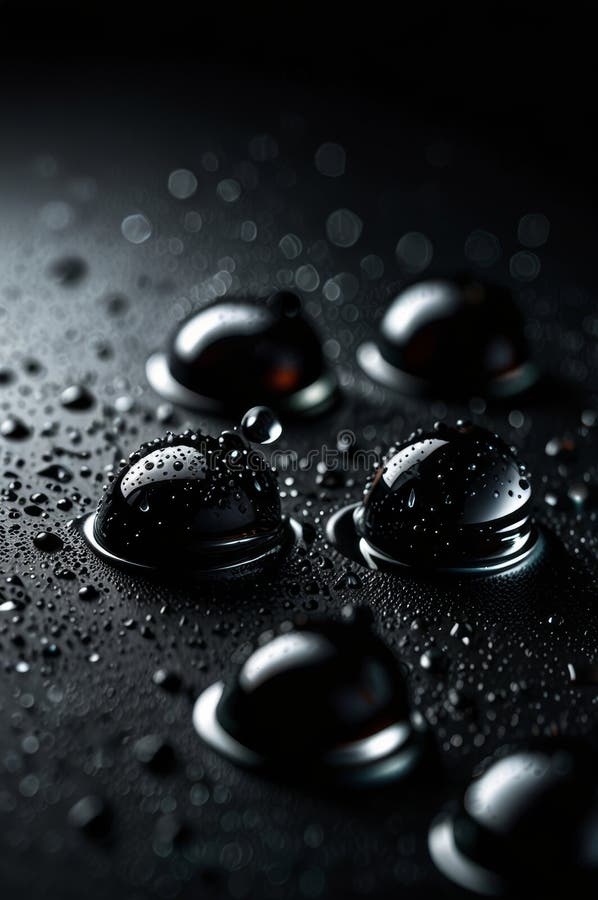 A Black Glass Surface with Water Drops on it, the Drops are Large and ...