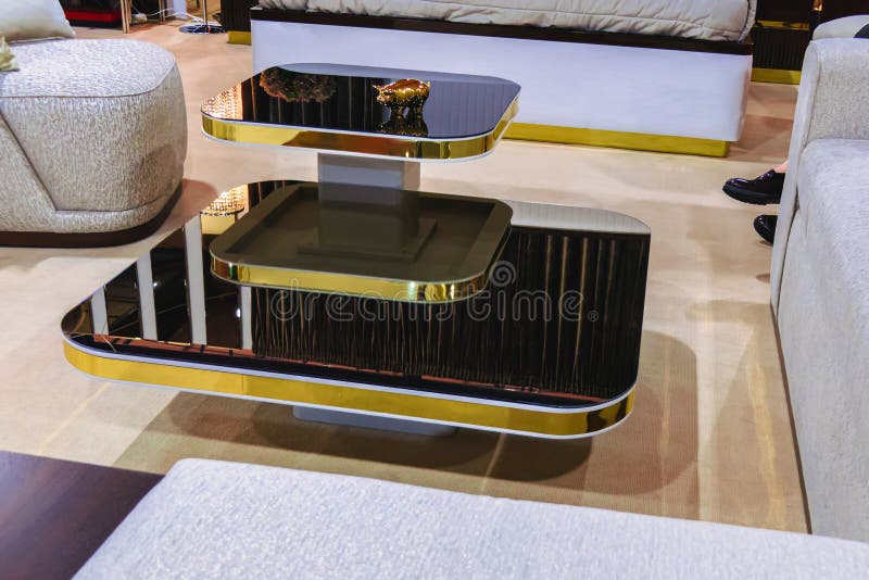 Black Glossy Coffee Table with a Gold Border in the Interior of the ...