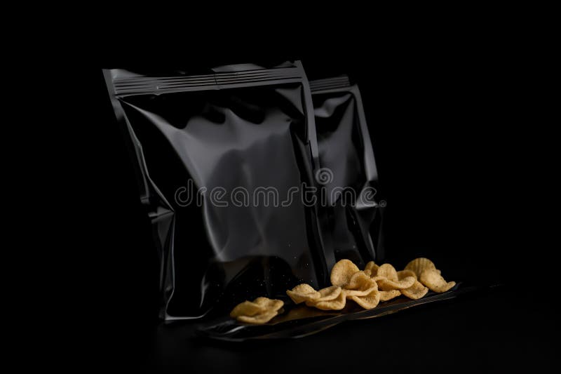 Black Glossy Empty Foil Snack Sachet Bag, Snack Packaging on Black ...