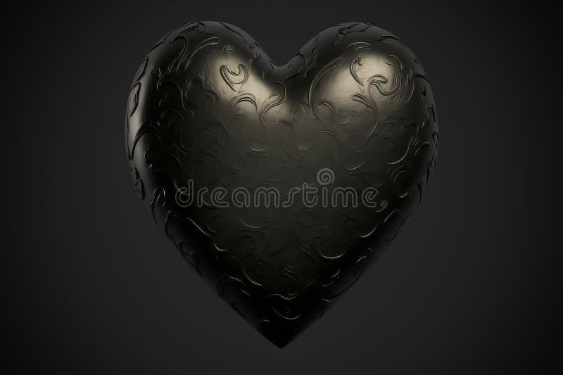 Black Glossy Leather Heart with Floral Ornament on Black Background ...