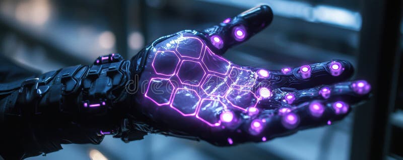 Futuristic Gloved Hand with Glowing Purple Network Display Stock Image ...