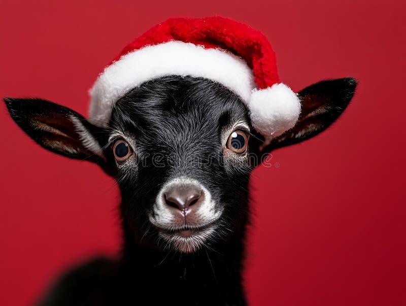 A Black Goat Wearing a Red and White Santa Hat Stock Photo - Image of ...