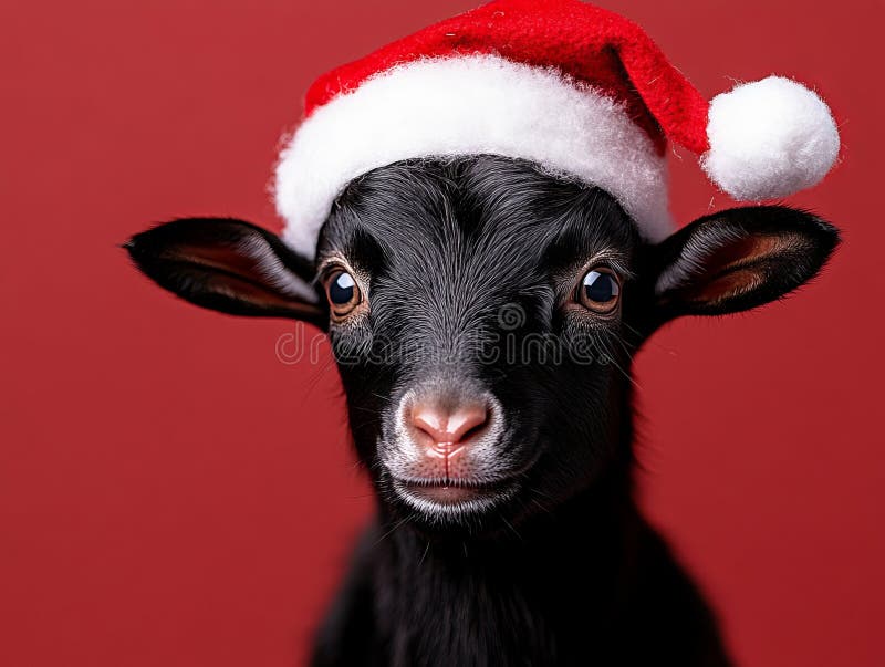 A Black Goat Wearing a Red and White Santa Hat Stock Image - Image of ...