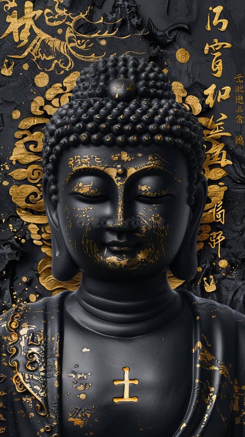 A Black and Gold Buddha Statue with Gold Writing Stock Image - Image of ...