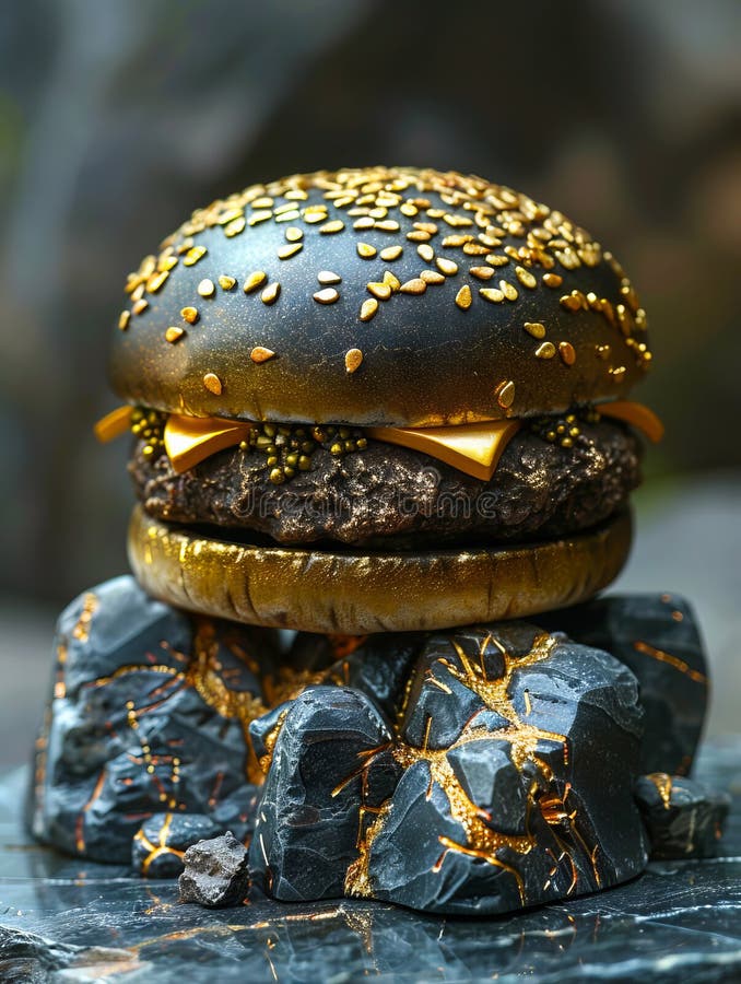 A Black and Gold Burger Sitting on Top of Rocks Stock Photo - Image of ...