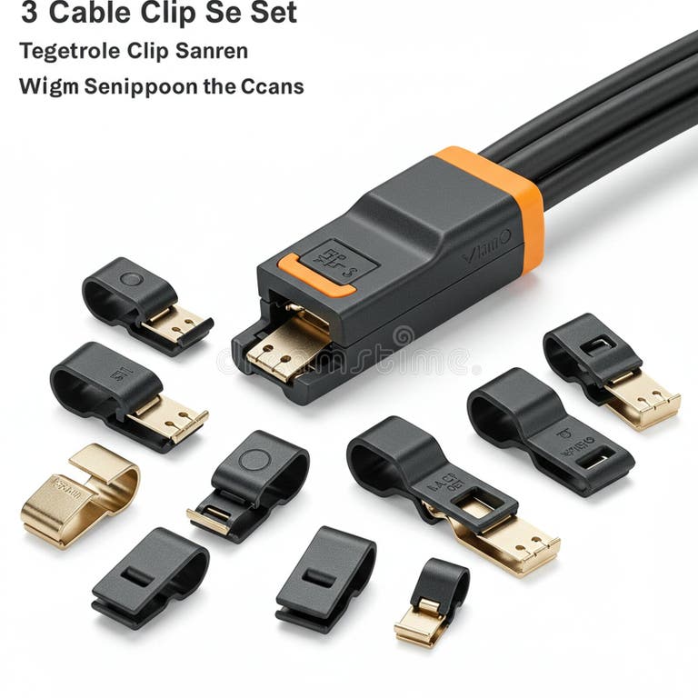 Black and Gold Cable Clips and Connector Set. the Main Connector Has a ...