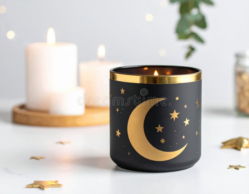 Black and Gold Celestial Candle Holder with Crescent Moon and Stars Design Stock Illustration ...