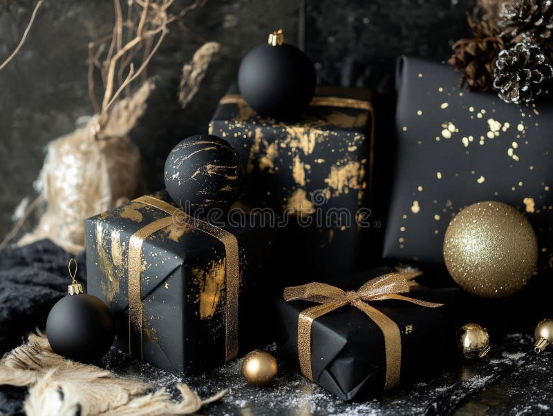 Black and Gold Christmas Gifts and Ornaments Stock Illustration ...