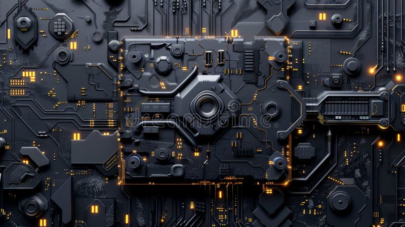 A Black and Gold Circuit Board with Lights on it, AI Stock Image ...