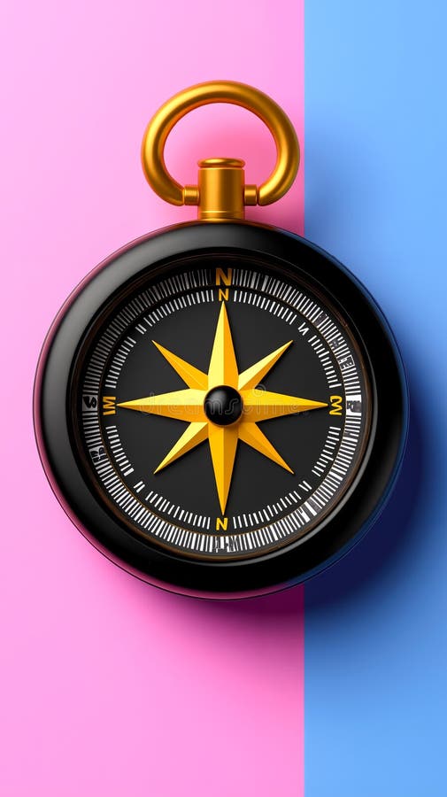A Black and Gold Compass on a Pink and Blue Background Stock ...