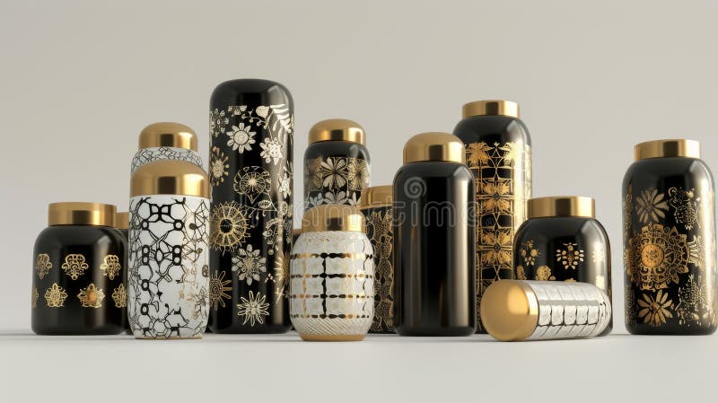 Black and Gold Decorative Ceramic Jars on Light Background Stock ...
