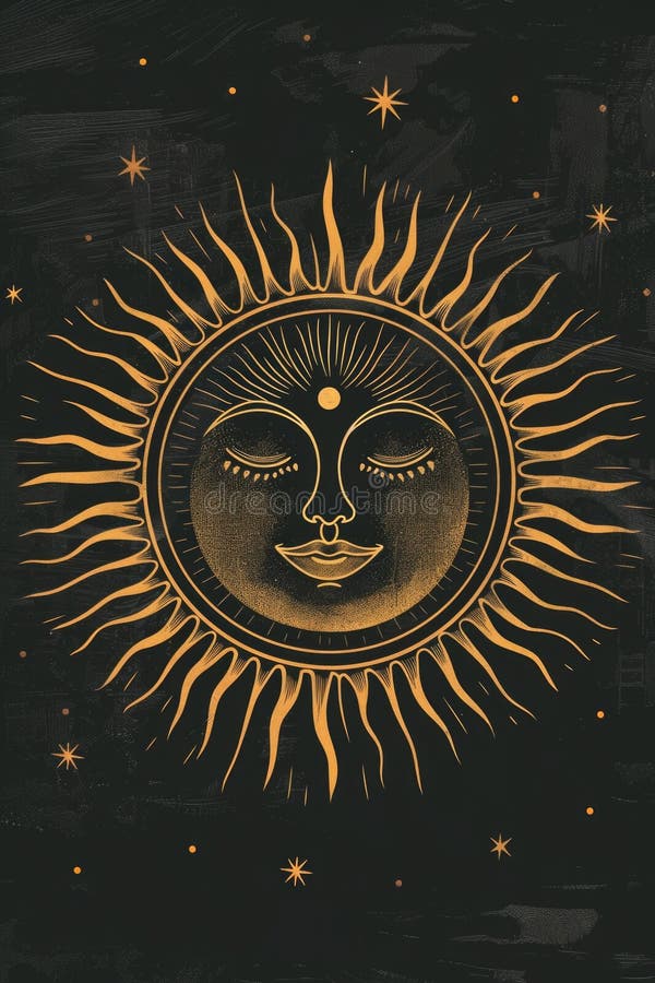 A Black and Gold Drawing of a Sun with a Face. Suitable for Various ...
