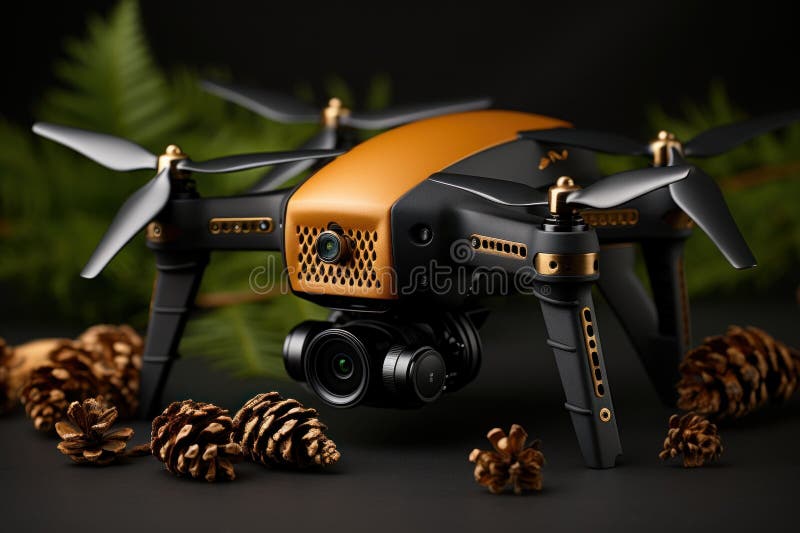 A Black and Gold Drone with a Camera and Pine Cones. Generative AI ...