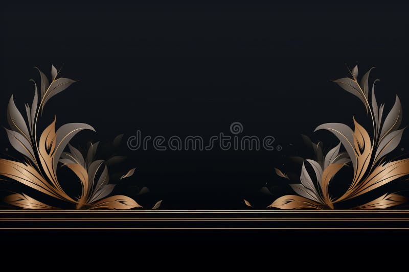 A Black and Gold Floral Border with Leaves on a Black Background Stock ...