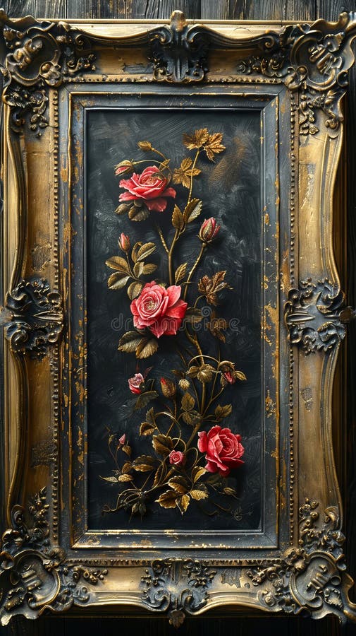 A Black and Gold Frame with Red Roses Stock Photo - Image of vase, pink ...