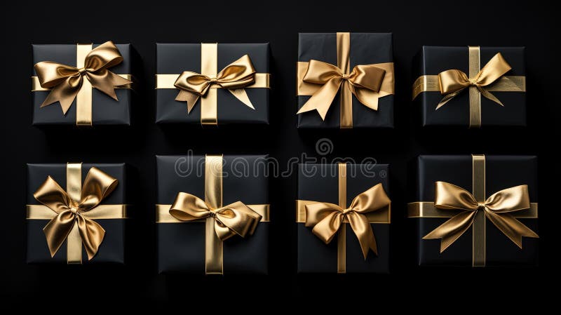 Black and Gold Gift Boxes on Black Background. Generative AI Stock ...