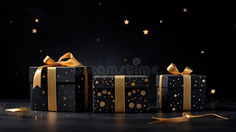 Black and Gold Gift Boxes on Black Background. Generative AI Stock ...
