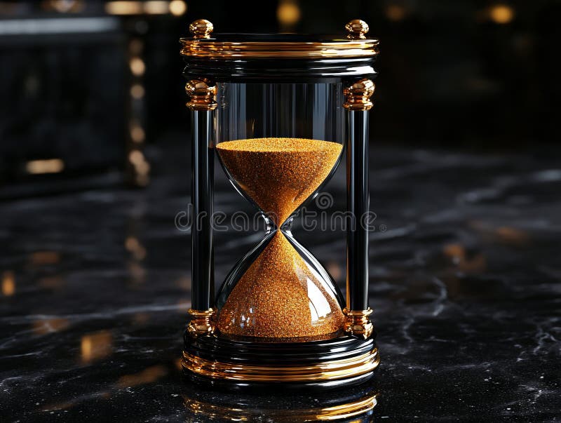 A Black and Gold Hourglass Sitting on Top of a Table Stock Photo ...