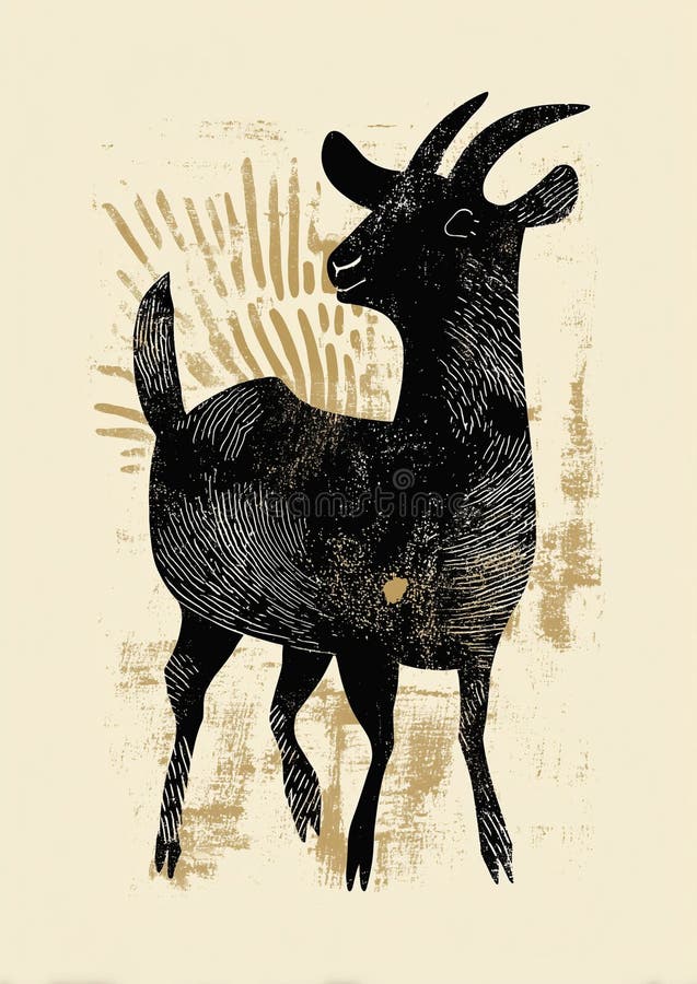 AI Generated. Black and Gold Linocut of a Goat with Intricate Patterns ...
