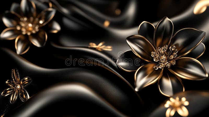 Black and Gold Metallic Flowers on Silk Fabric Stock Illustration ...