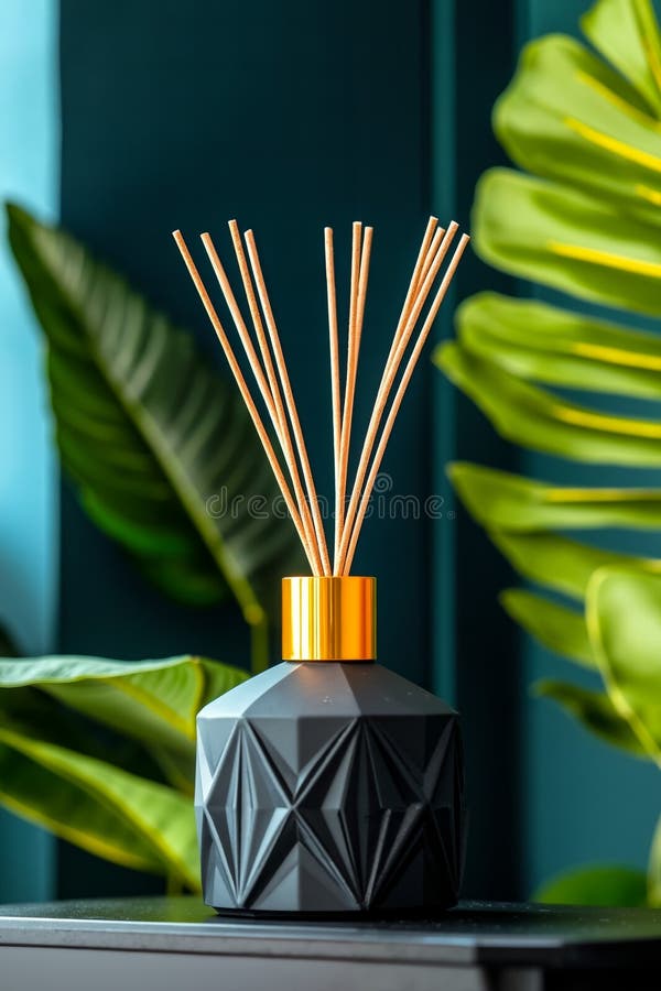 A Black and Gold Reed Diffuser Sitting on Top of a Table Next To a ...