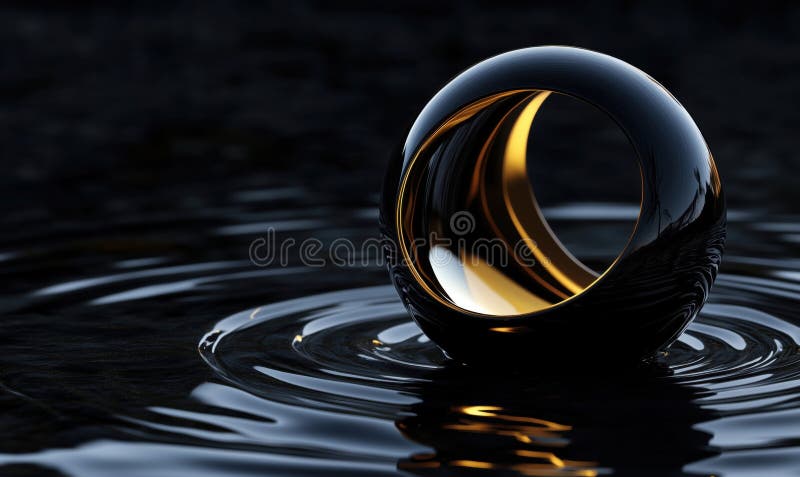 Black and Gold Reflective Ring Floating on Water Surface with Ripples ...