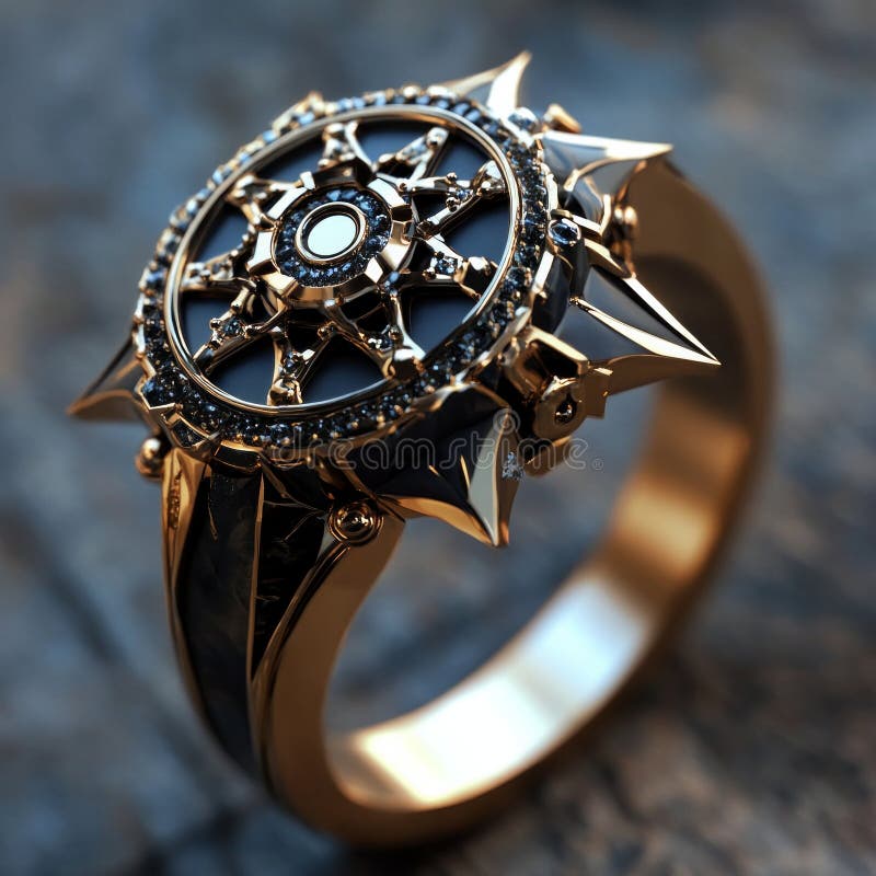 Exquisite Black and Gold Star-themed Ring with Intricate Design Stock ...