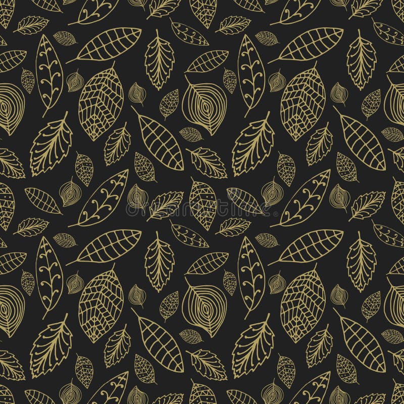 Black and Gold Seamless Pattern with Leaves. Styles Hand Drawn Leaves Pattern Stock Vector ...