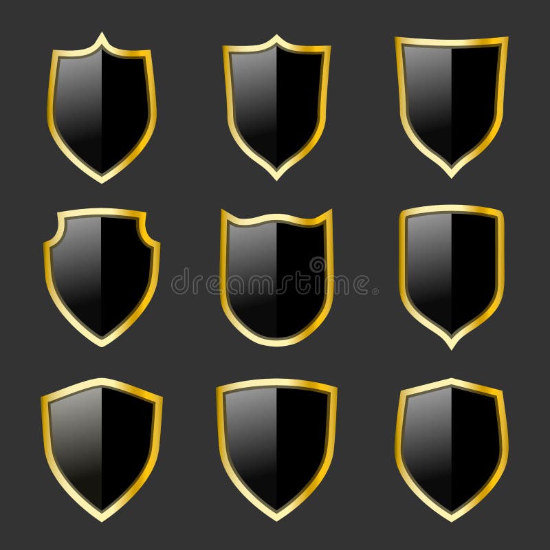 Black and Gold Shields Set. Protection Emblems. Security Symbols Stock ...