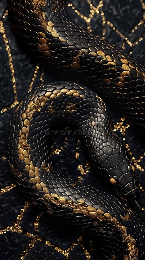 Black and Gold Snake on a Black Background. Beautiful Reptile, Studio ...