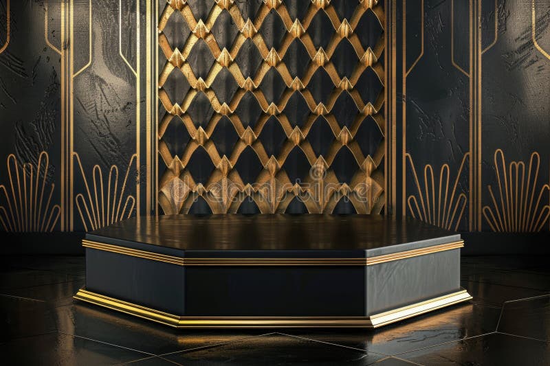 A Black and Gold Stage with a Geometric Patterned Backdrop Stock Photo ...
