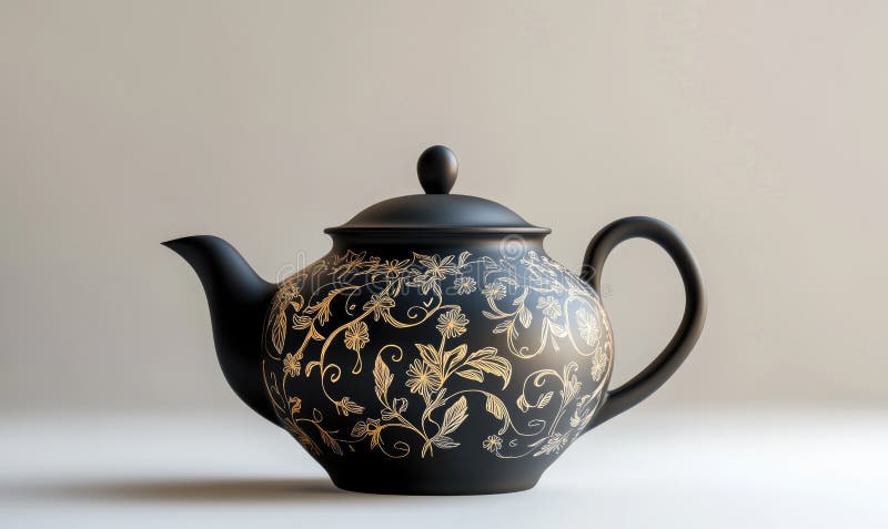 A Black and Gold Tea Pot with a Floral Design Stock Illustration ...