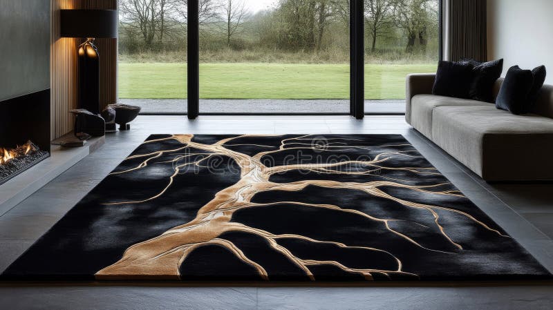 Black and Gold Tree Design Area Rug in Modern Living Room Stock ...