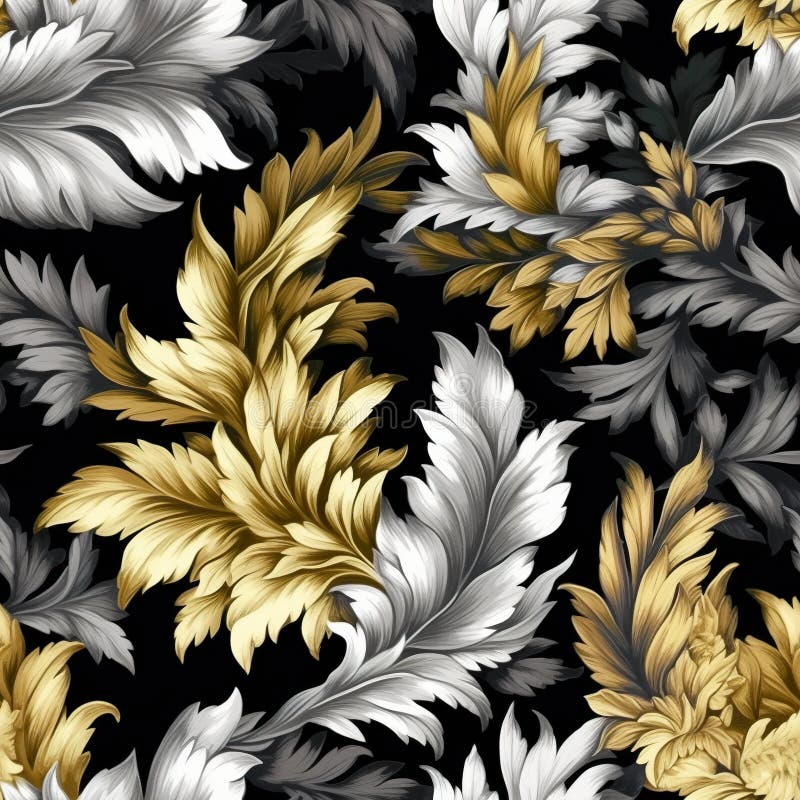 A Black and Gold Wallpaper with Silver and Gold Leaves, Seamless ...