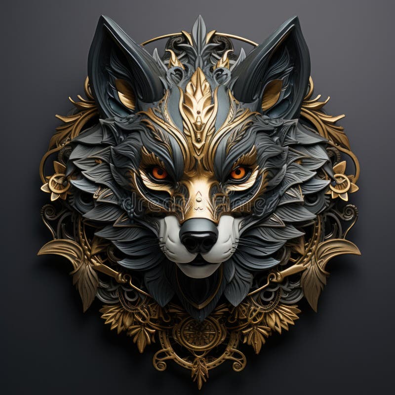 A Black and Gold Wolf Head on a Black Background, Small Decorative ...