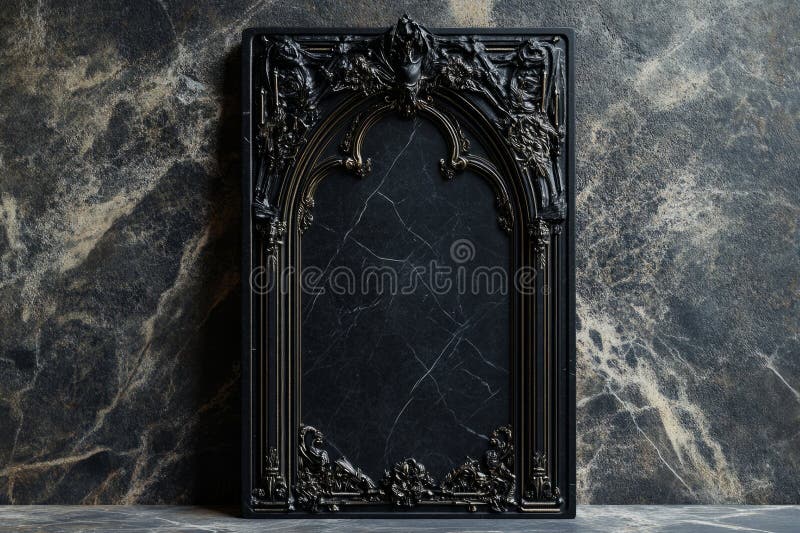 Black Gothic Frame with Intricate Details Leaning on a Marble Surface ...