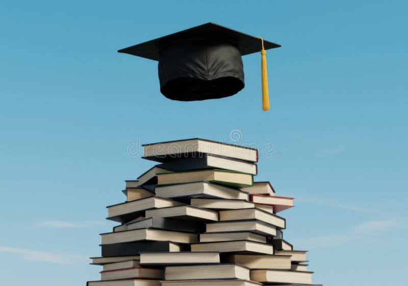 Black Graduation Cap Above Stack of Books Against Blue Sky Stock ...