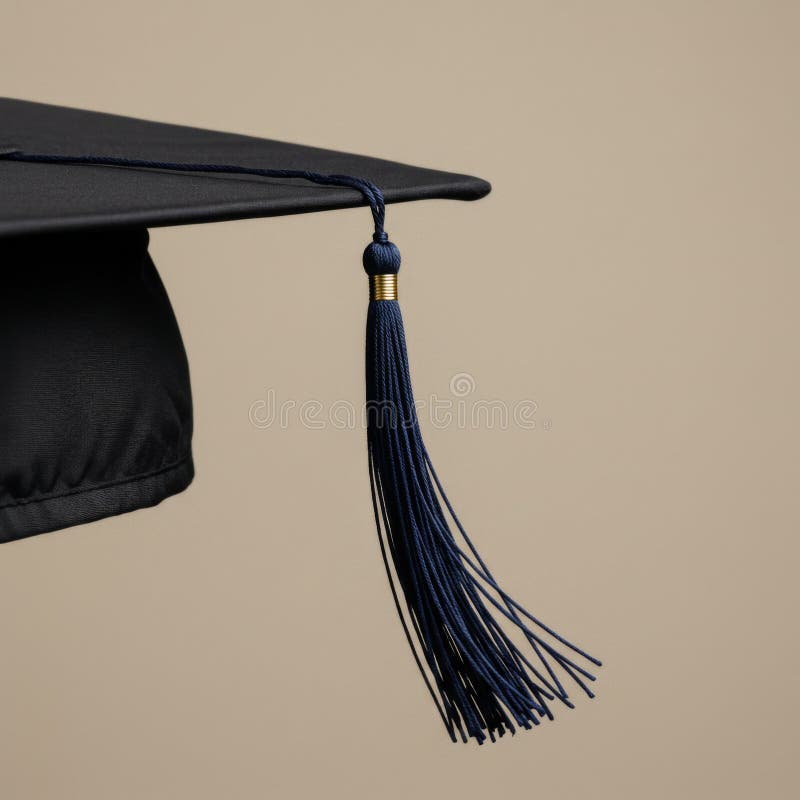 Black Graduation Cap with Blue Tassel on Beige Background Stock ...