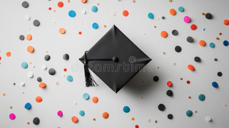 Black Graduation Cap with Colorful Confetti on Gray Background Stock ...