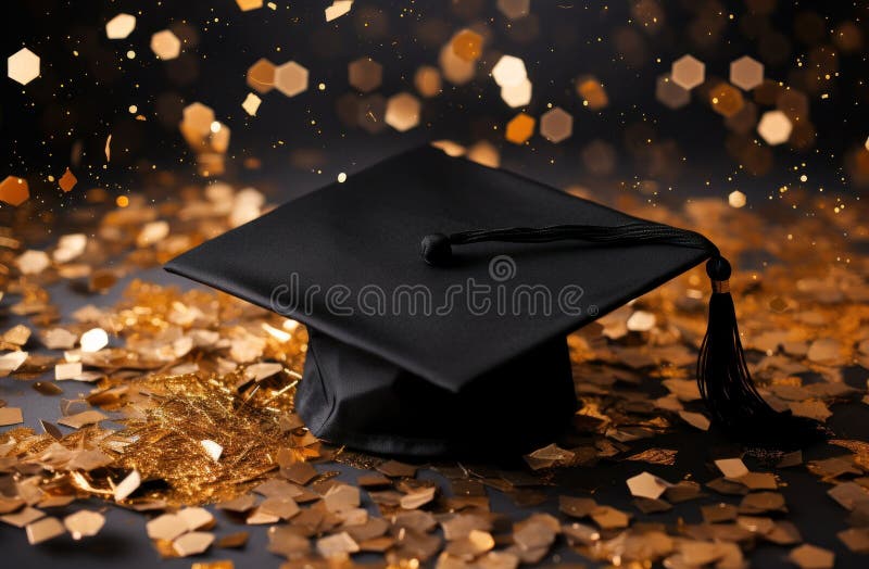 A Black Graduation Cap and Confetti Flying Around Stock Image - Image ...
