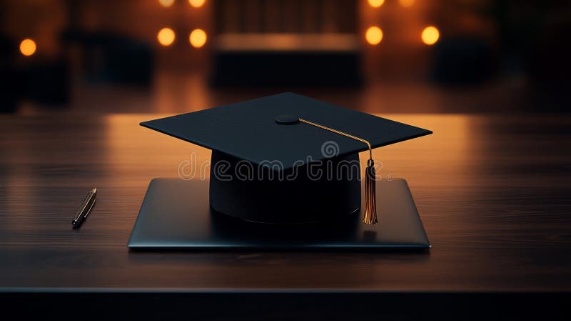Black Graduation Cap on Dark Wooden Table with Warm Lighting Stock ...
