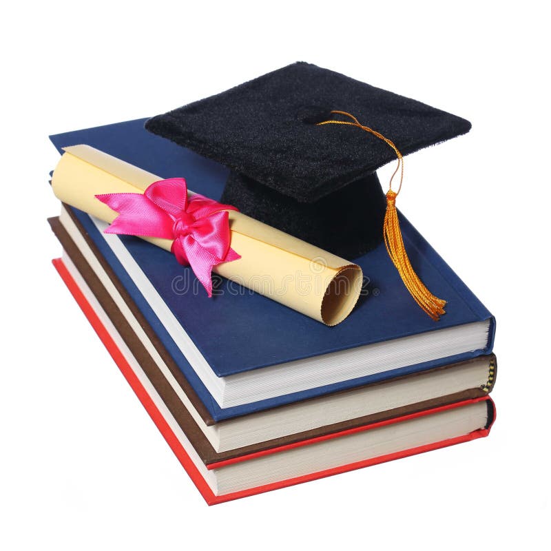 Black Graduation Cap with Degree on Books Isolated Stock Image - Image ...