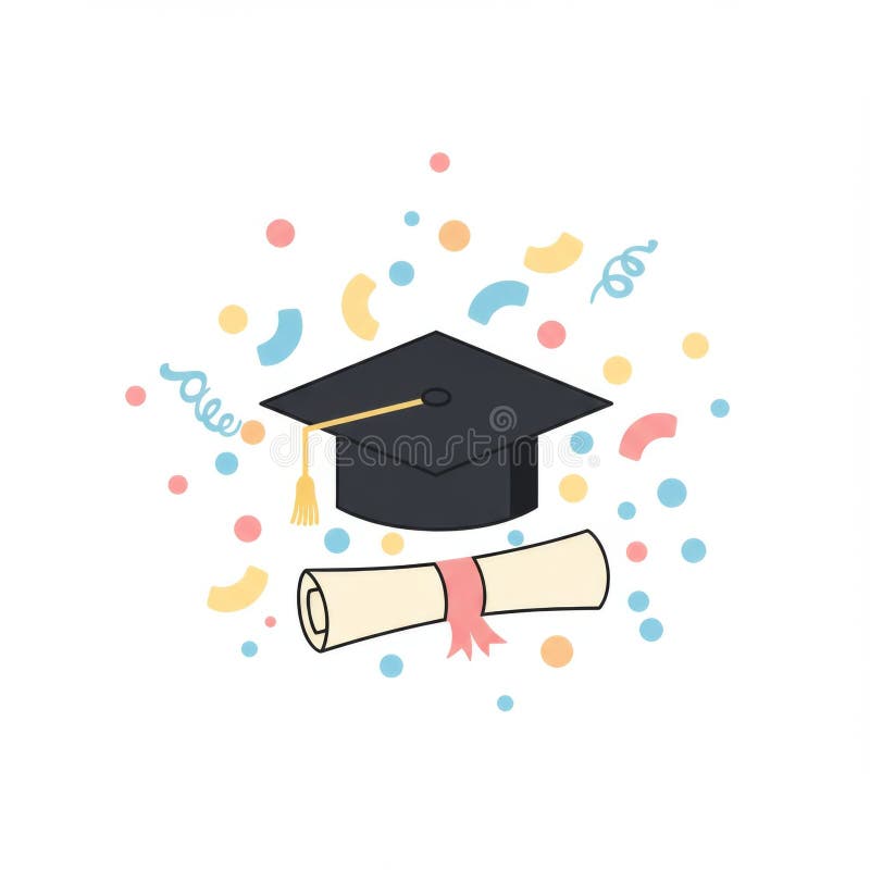 Black Graduation Cap with Diploma Scroll and Pastel Confetti on White ...