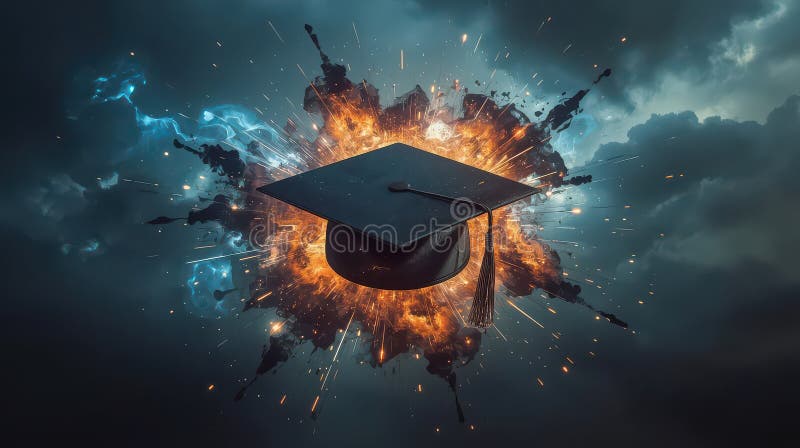 Black Graduation Cap Exploding with Orange and Blue Energy Against a ...