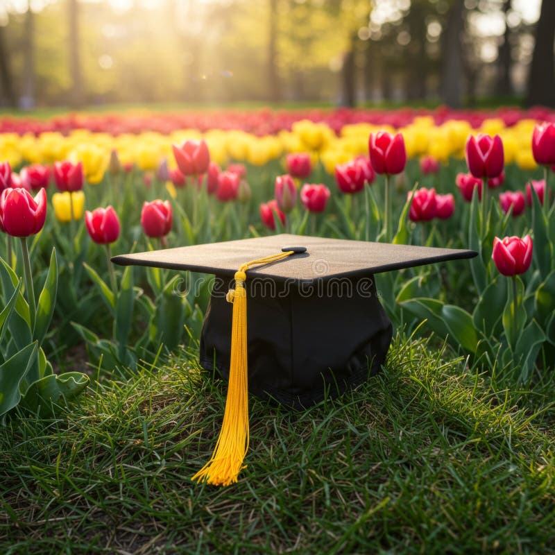 Black Graduation Cap in a Field of Red and Yellow Tulips Stock ...