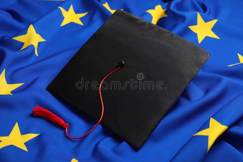 Black Graduation Cap on Flag of European Union Stock Image - Image of ...